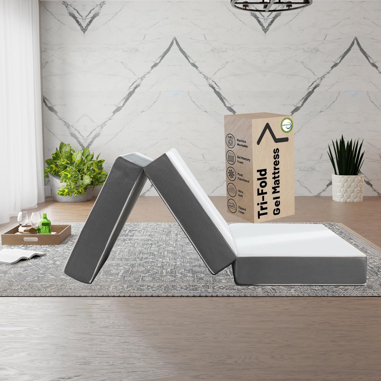 3-Inch Tri-Folding Gel Memory Foam Portable Floor Mattress, Breathable ...