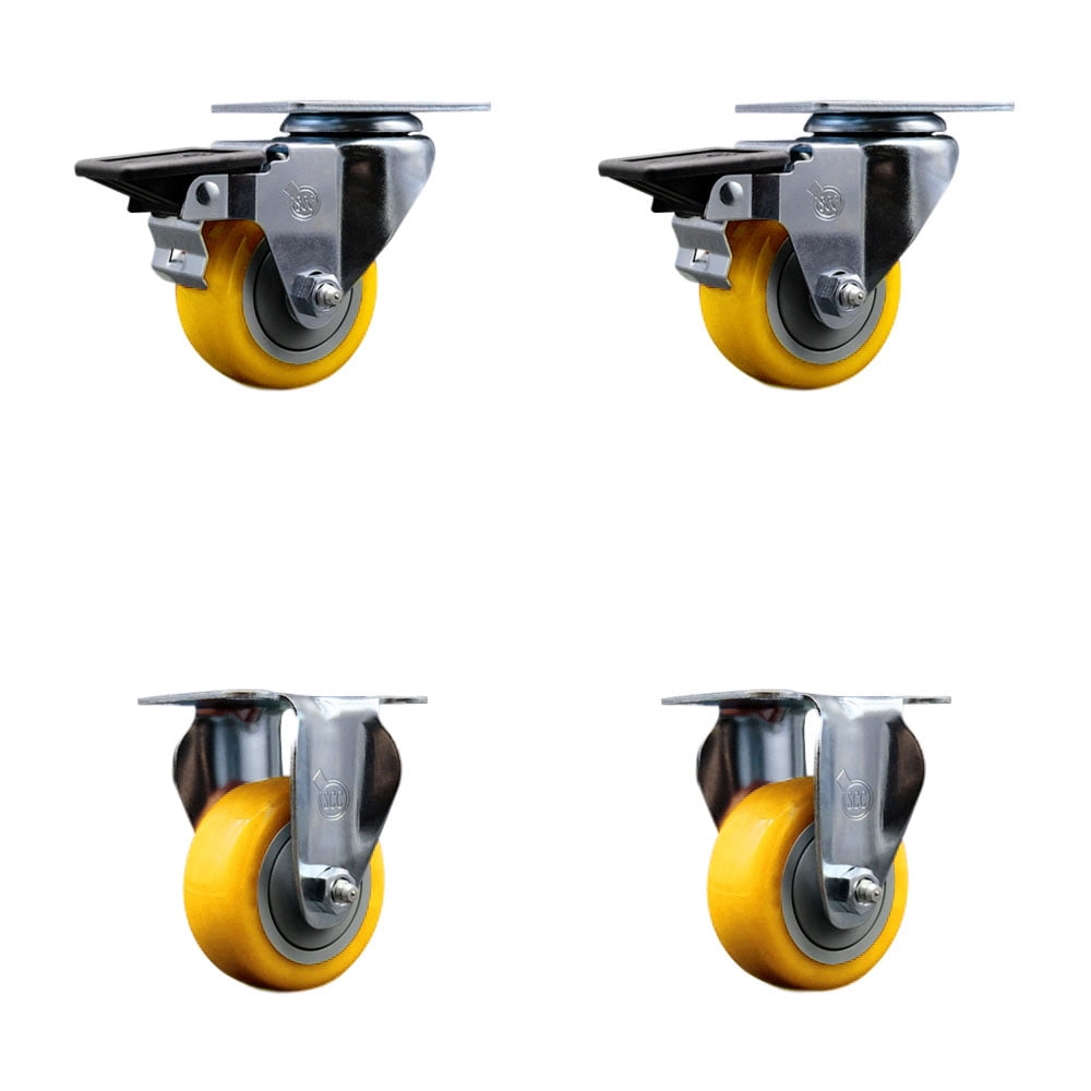 3 Inch Yellow Poly Wheel Swivel Top Plate Caster Set with 2 Posi Brakes ...