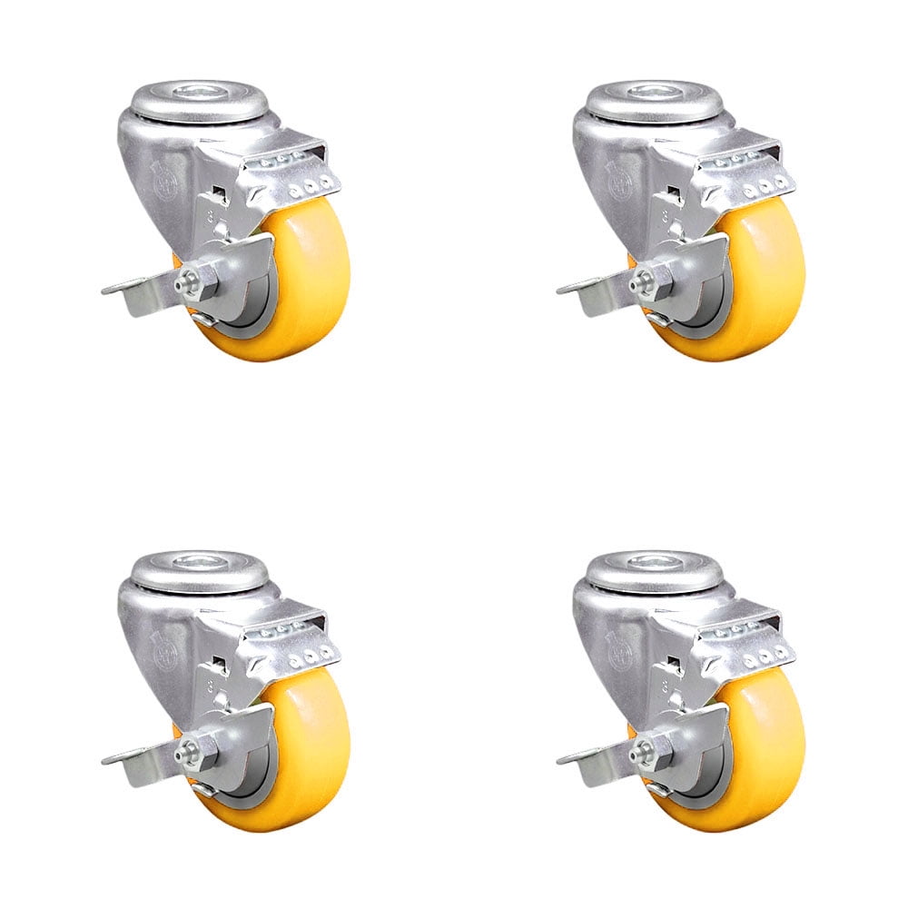 3 Inch Yellow Polyurethane Wheel Swivel Bolt Hole Caster Set with Brake ...