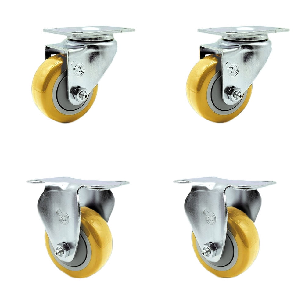 3 Inch Yellow Polyurethane Wheel Swivel Top Plate Caster Set with 2 ...