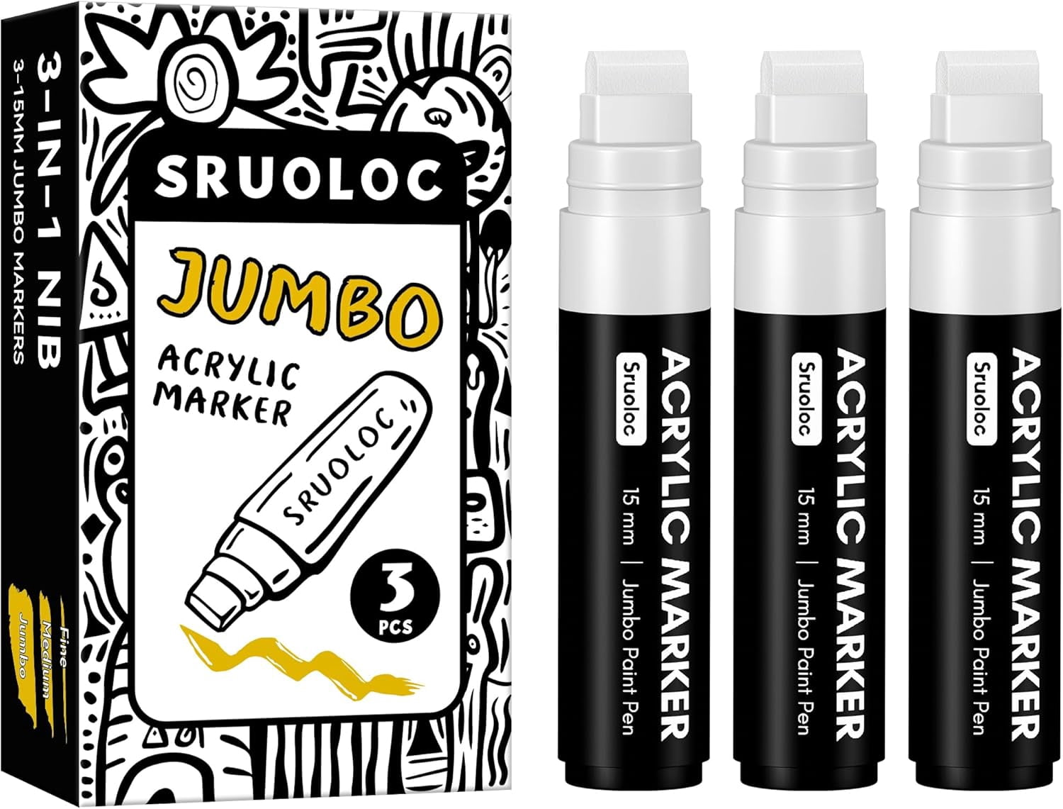 3 Jumbo Permanent Markers White 15mm Thick Wide Tip Large Acrylic Paint ...