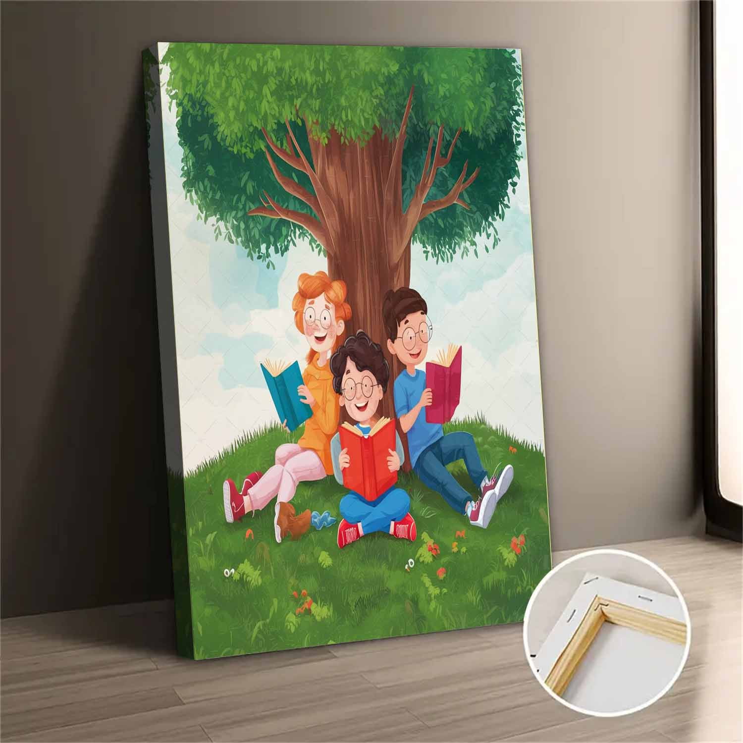 3 Kids Reading Under Tree Canvas Wall Art - Walmart.com