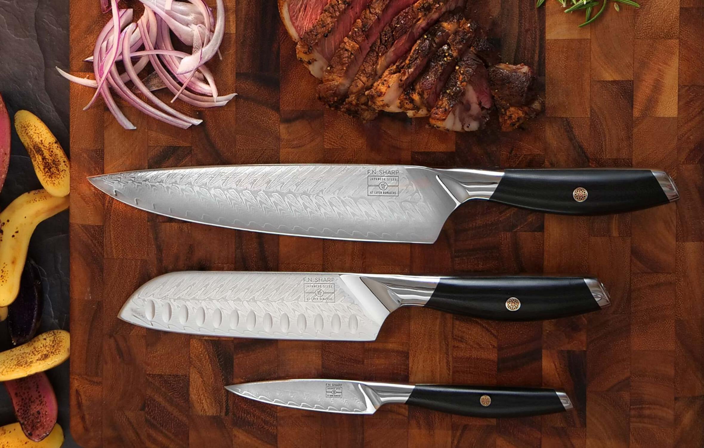 3 Knife Set Made from Japanese VG-10 Damascus Steel with Unique Feather ...