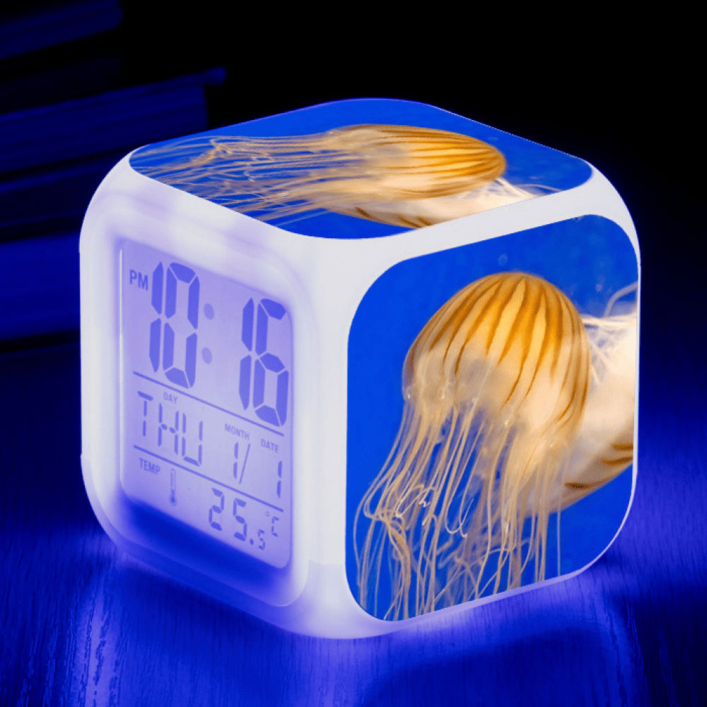 3＂LED Alarm Clock Cartoon Jellyfish Pattern Desk Table Glowing ...