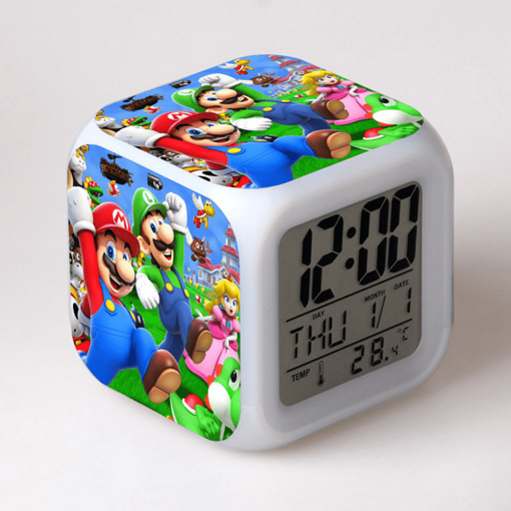 3＂LED Alarm Clock Cartoon Mario Pattern Desk Table Glowing Electronic ...
