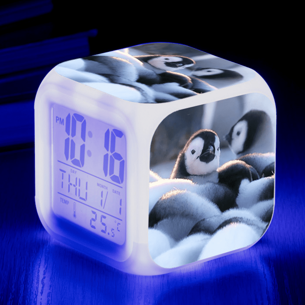 3＂LED Alarm Clock Cartoon Penguins Pattern Desk Table Glowing ...