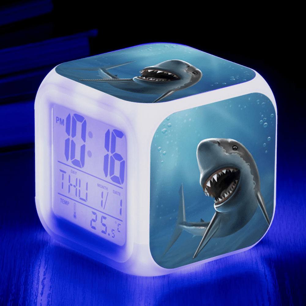 3＂LED Alarm Clock Cartoon Sharks Pattern Desk Table Glowing Electronic ...