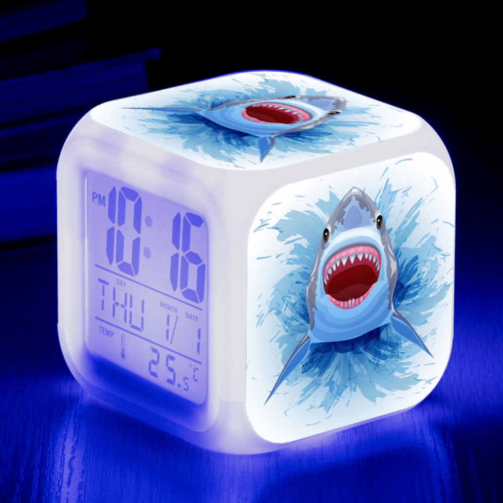 LISACANN Digital Alarm Clock for Kids, Cartoon Sharks Pattern 7 LED ...