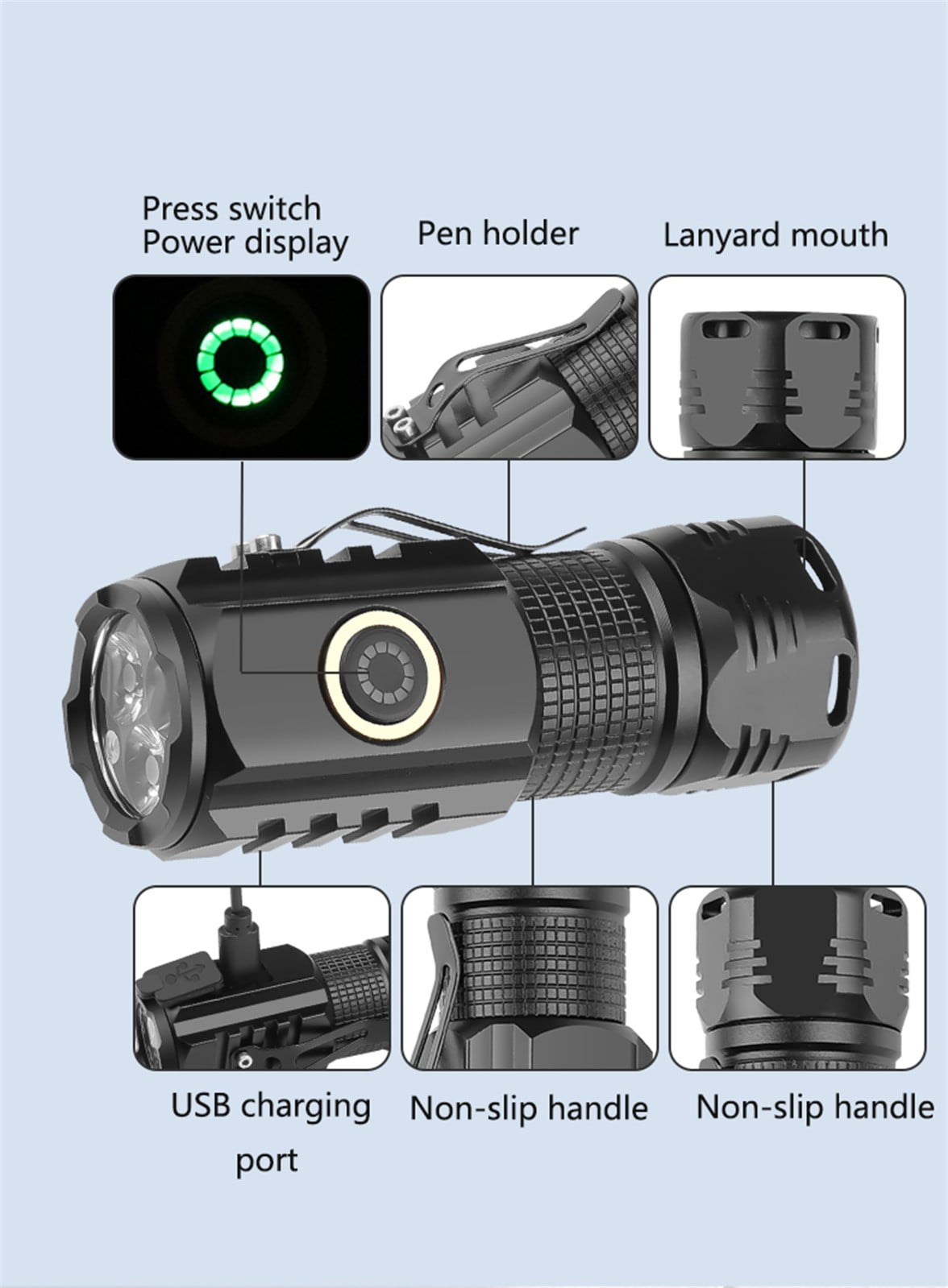 3-LED High-Powered Flashlight, Compact Steel Body, 1200mAh Battery ...