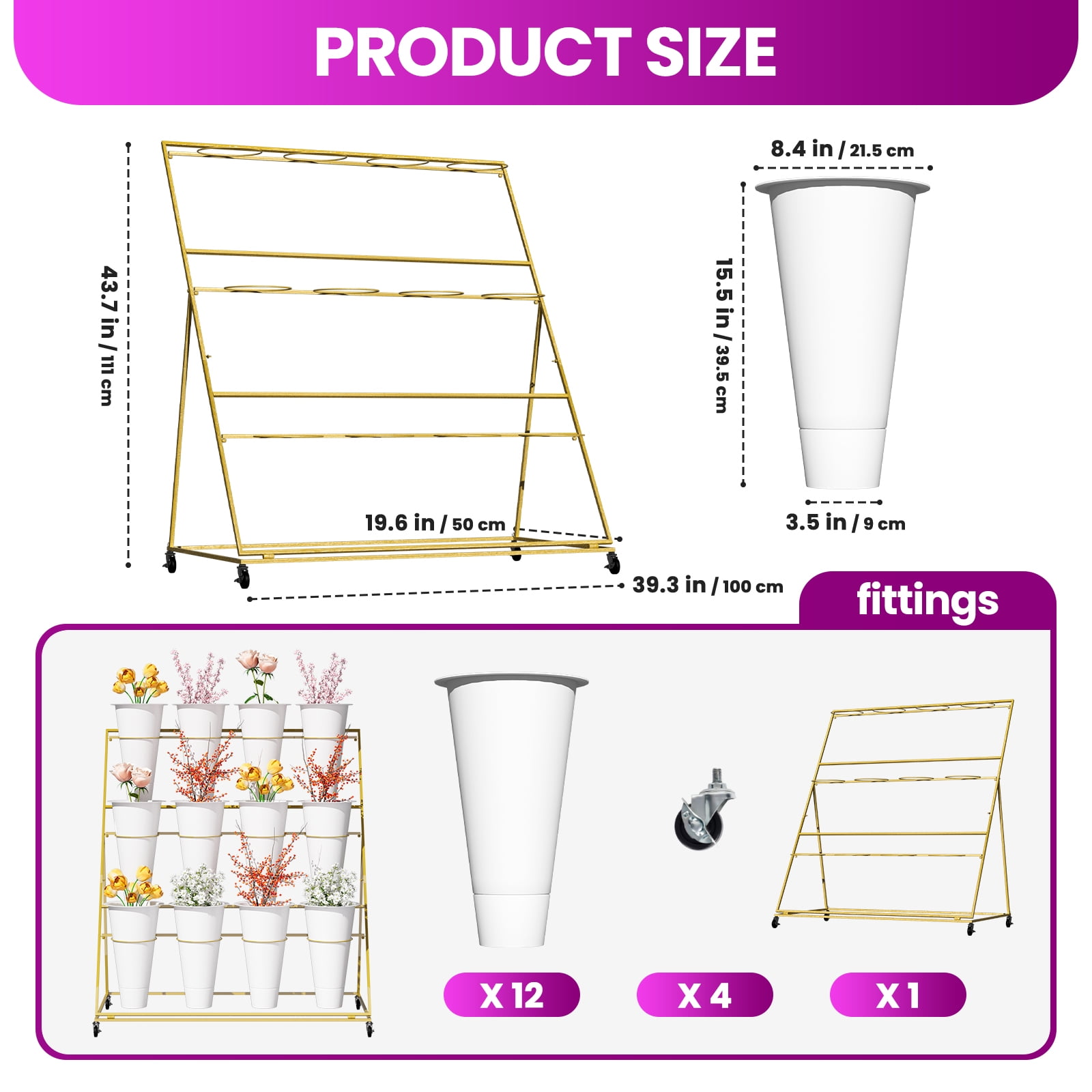 3-Layer 12-Bucket Flower Cart, Metal Frame, Locking Wheels, for Schools ...