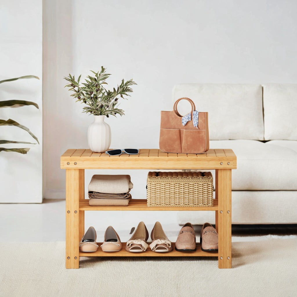 3-Layer Bamboo Shoe Bench, Entryway Organizer with Storage Shelf ...