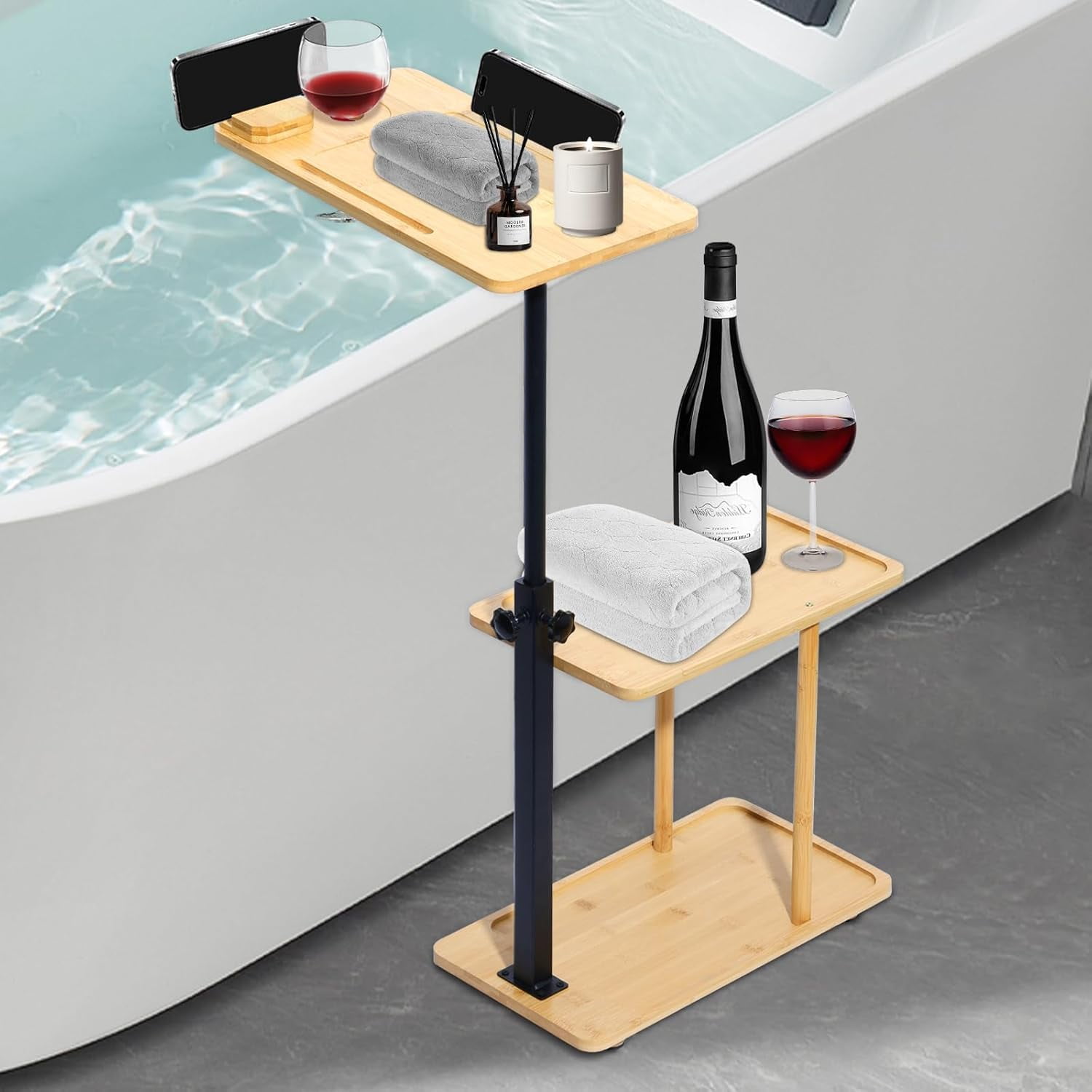 3 Layer Bath Tub Tray Table, Liftable Freestanding Bamboo Bath Tray ...