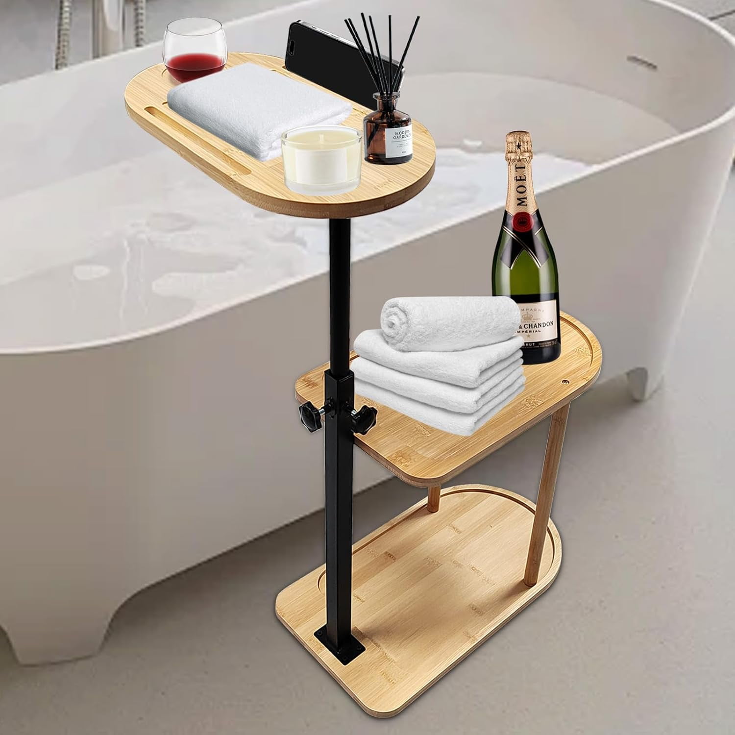 3 Layer Bath Tub Tray Table Liftable Freestanding Bamboo Bath Tray ...