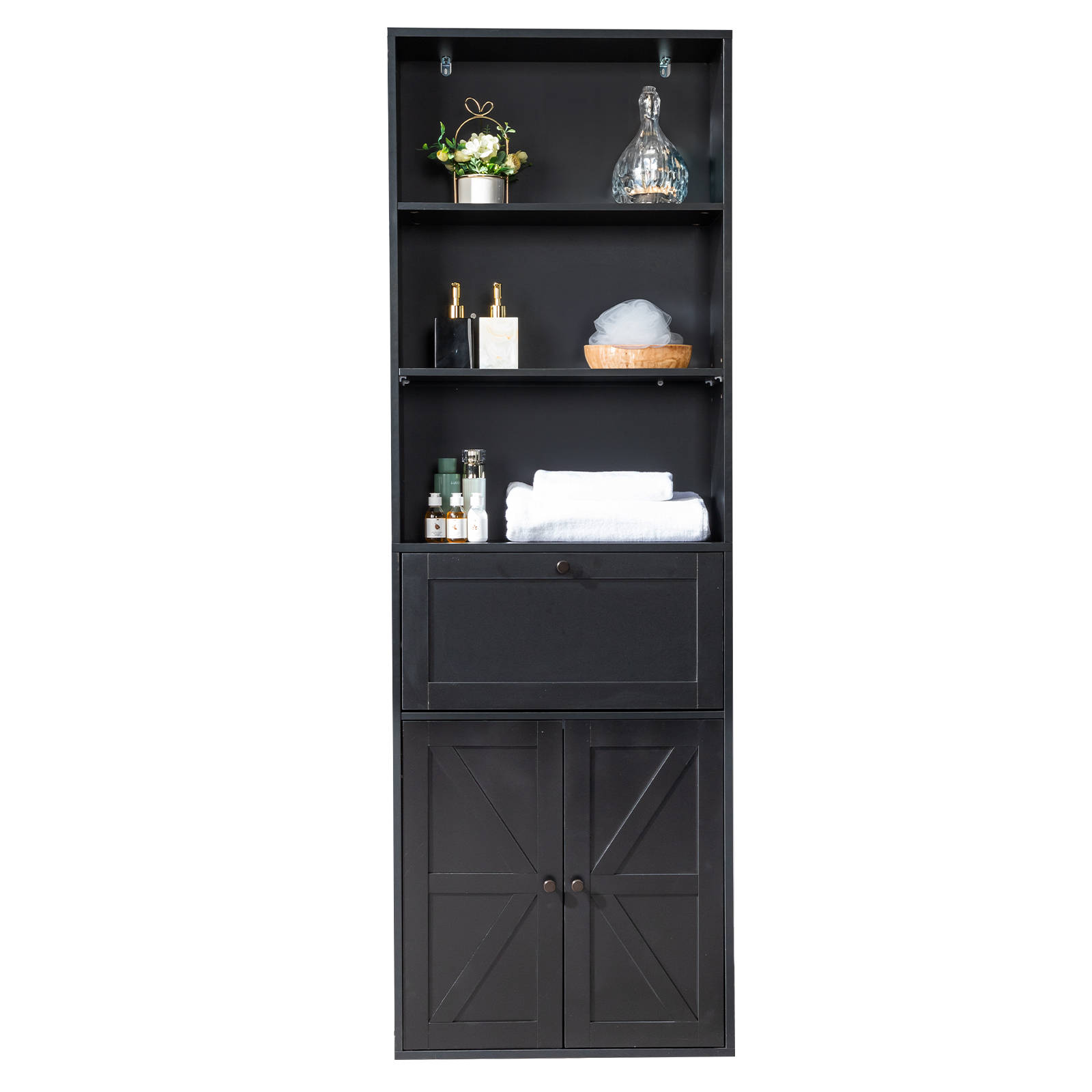 3-Layer Display Cabinet 1 Drawer 2 Doors Double Z Shape Melamine Board ...
