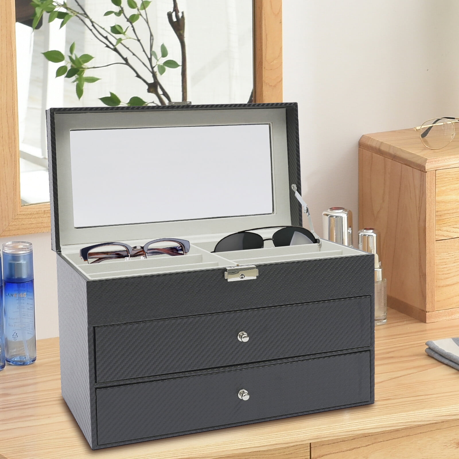 3 Layer Drawer Sunglasses Storage Box 18 Slot Lock Storage Box Storage ...