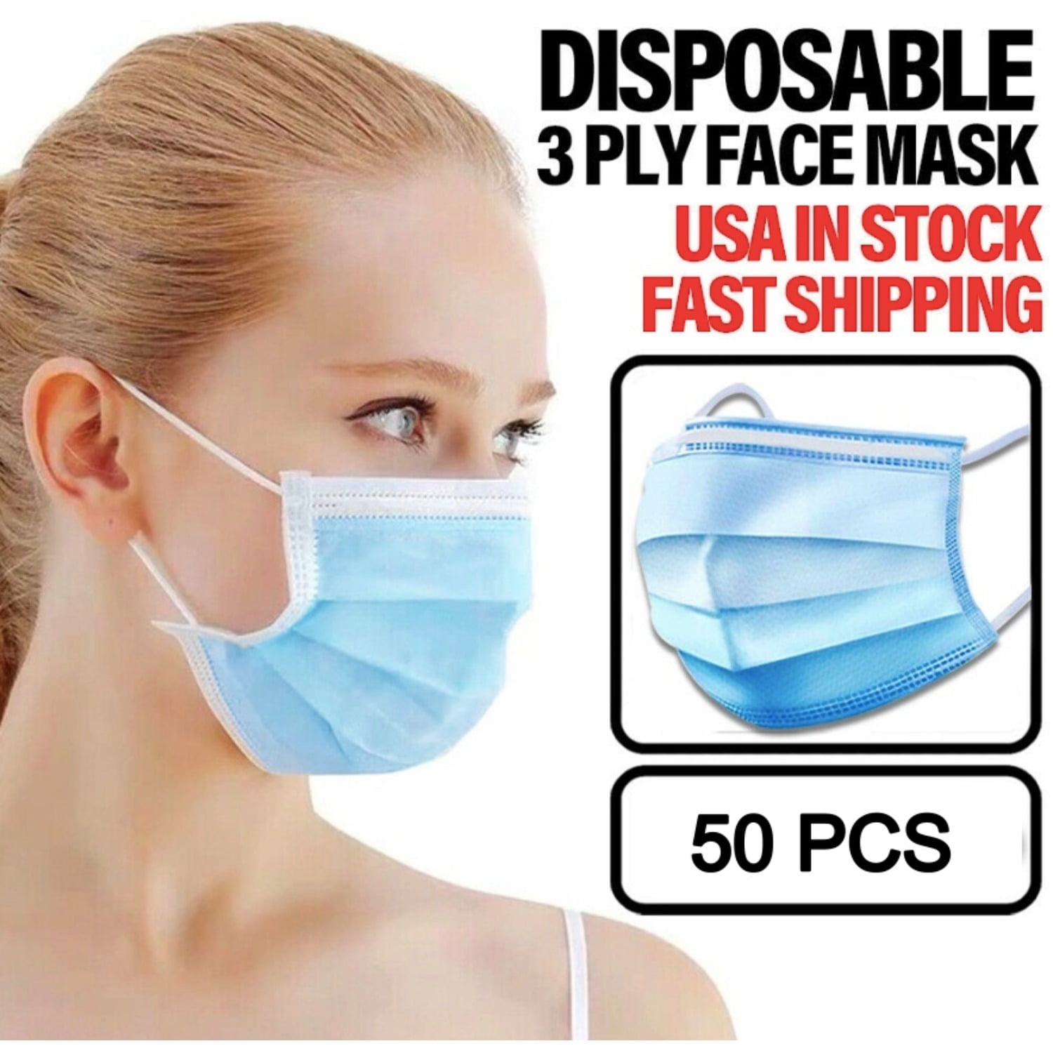 3 Layer Face Covering Mask with Ear Loops - 50 Pack - Walmart.com