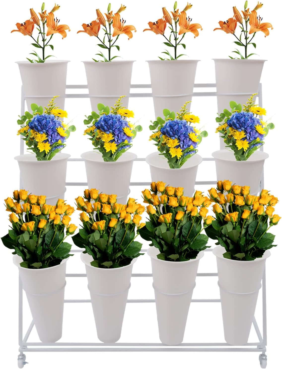 3 Layer Flower Display Stand with 12 Bucket, Heavy Duty Moving Metal ...