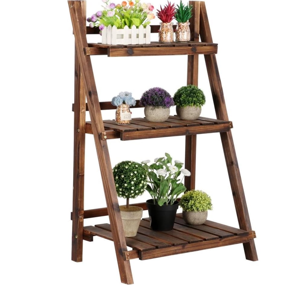 3-Layer Foldable Ladder Shelf, Indoor Outdoor Plant Shelves, Flower Pot ...