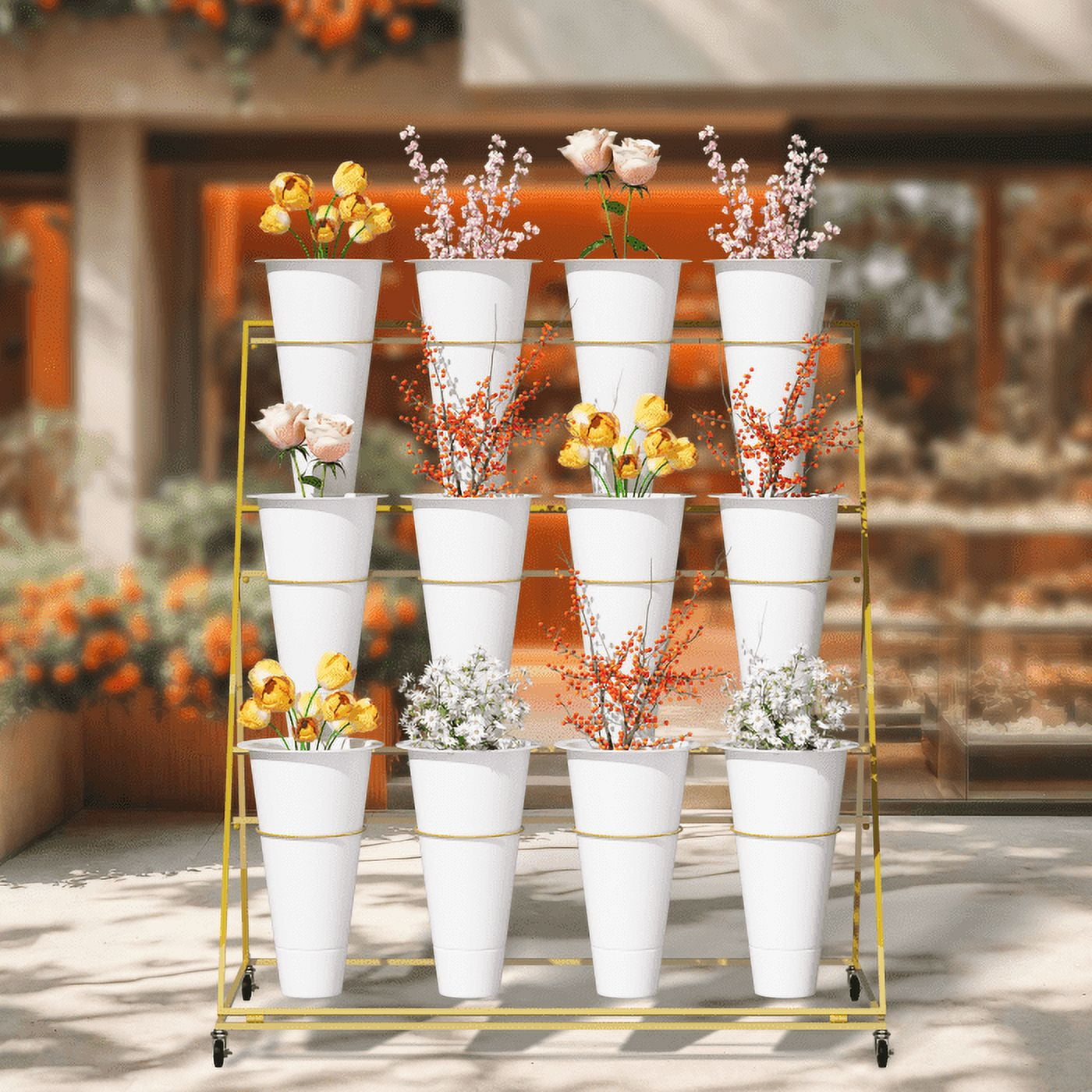 3-Layer Gold Flower Display Stand with Wheels, Metal Flower Rack with ...