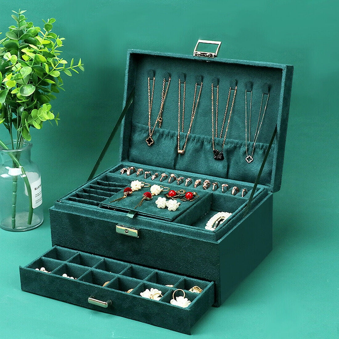 3 Layer Grey Jewellery Box Organizer Rings Necklaces Jewellry Storage ...