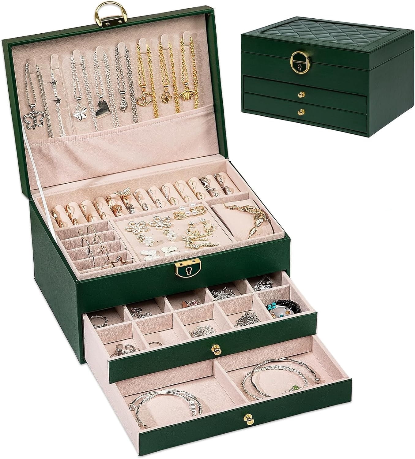 3-Layer Jewelry Box with 2 Drawers, PU Leather Jewelry Holder Box,Large ...