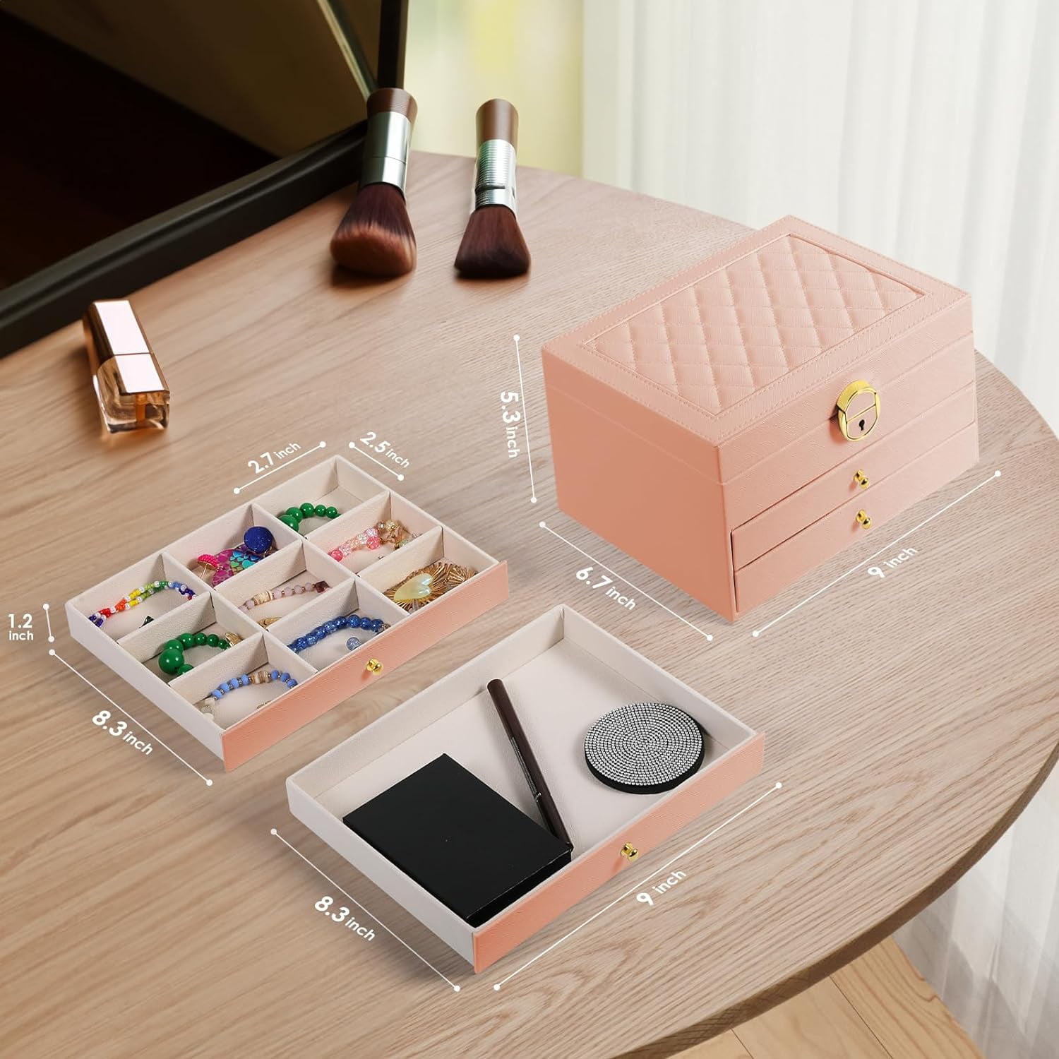 3 Layer Jewelry Box, Jewelry Holder with Lockable Drawer, Large Jewelry ...