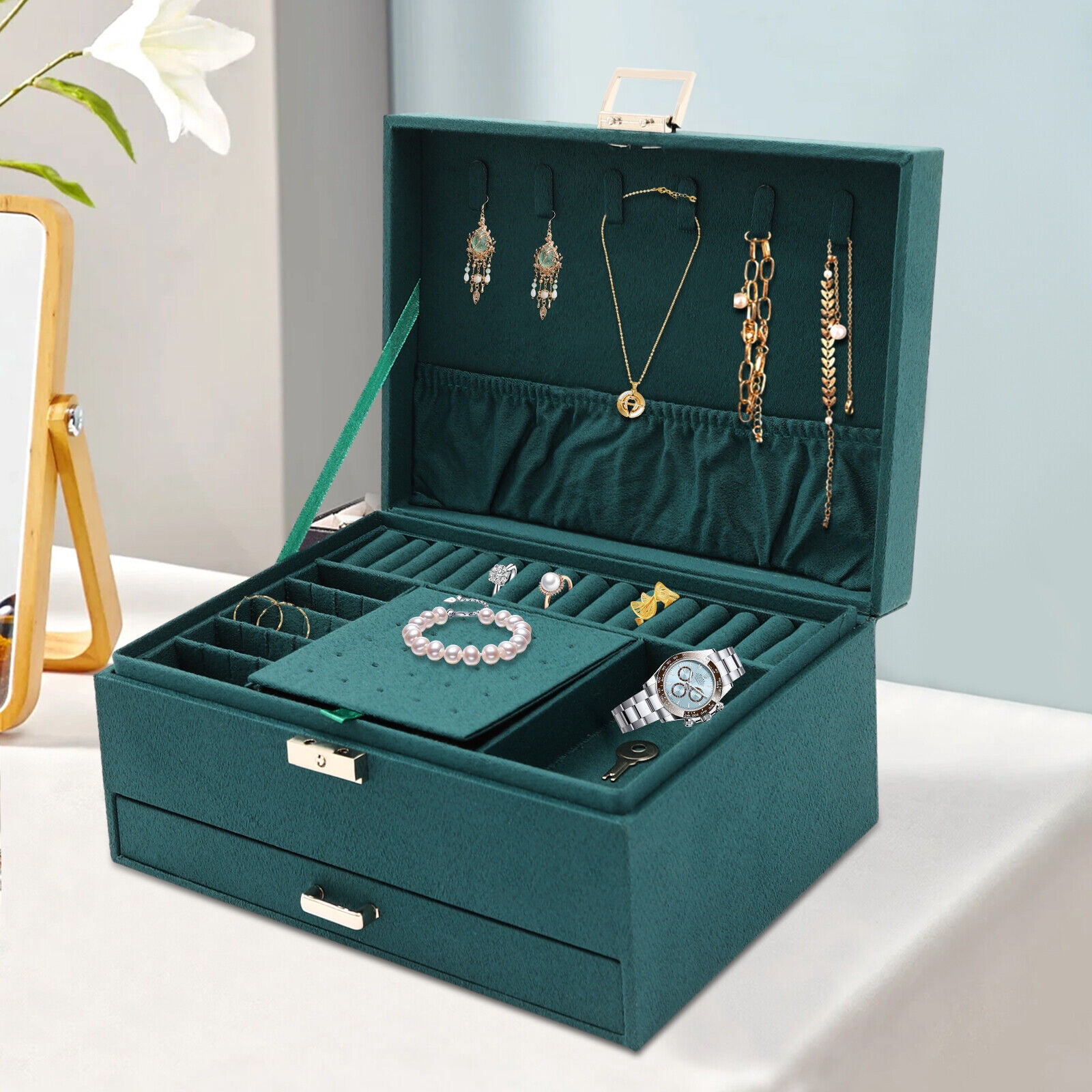 3-Layer Jewelry Box with Lock, Flannel, Earring & Necklace Storage ...