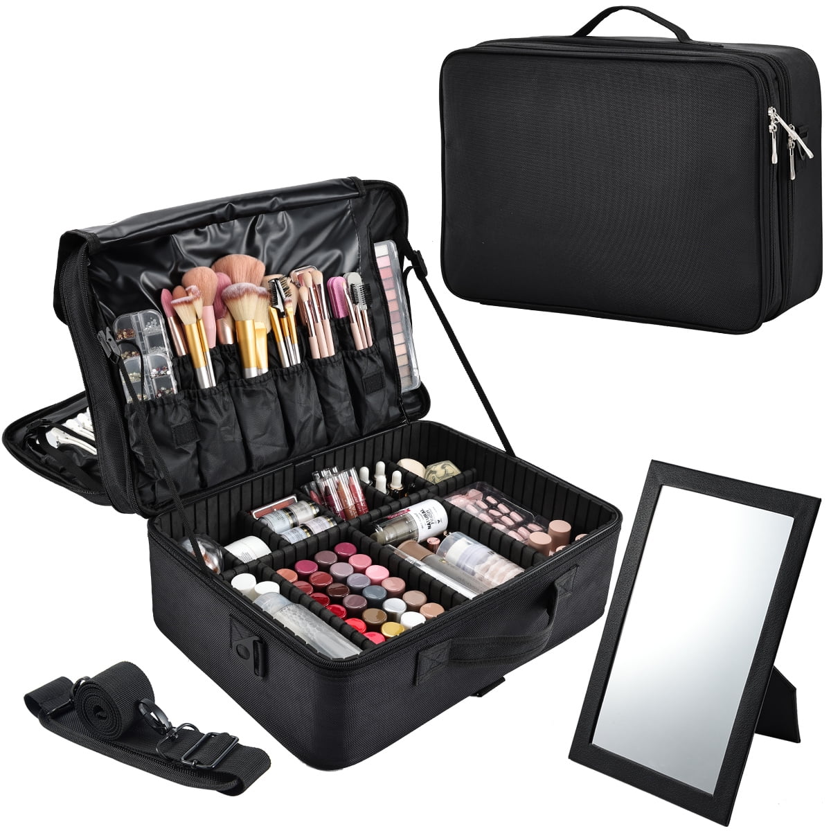 3 Layer Large Makeup Case with Mirror Professional Cosmetic Train Case ...