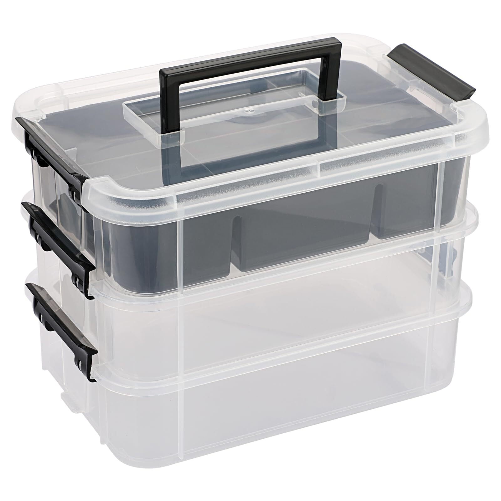 3-Layer Plastic Craft Storage Container with Removable Tray, Stackable ...