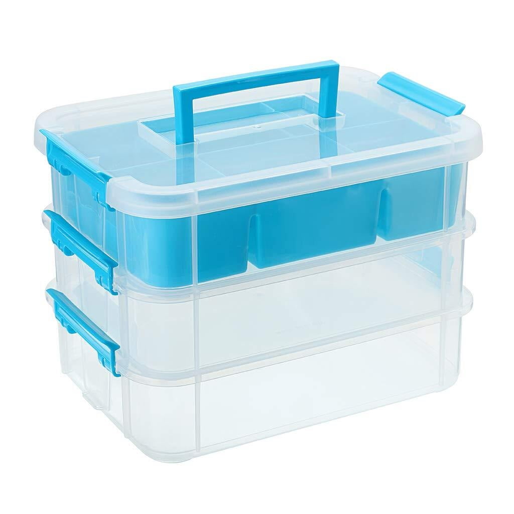 3-Layer Plastic Craft Storage Container with Removable Tray, Stackable ...