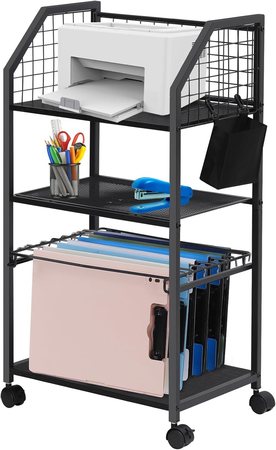 3-Layer Rolling File Cart with Hanging Folders, Wooden and Grid Shaped ...