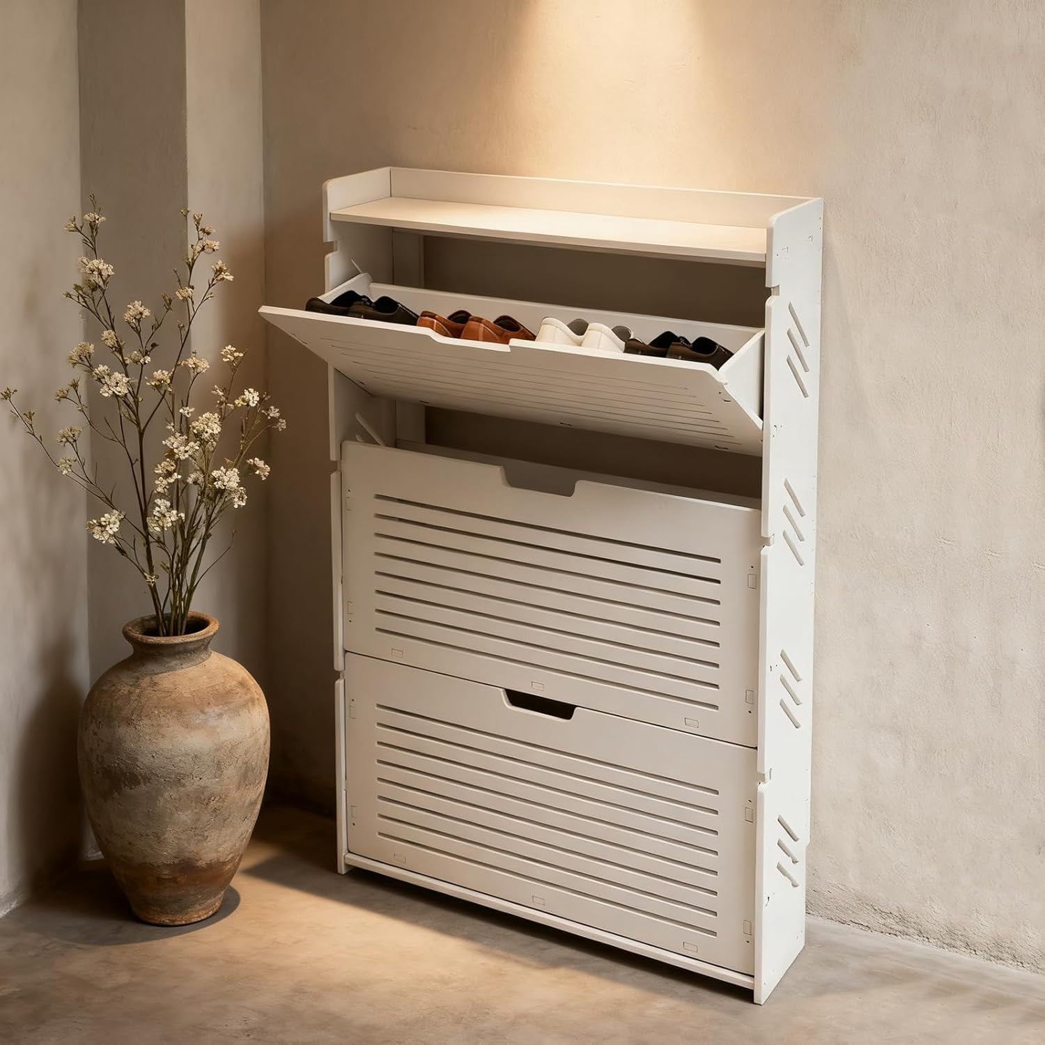 3 Layer Shoe Storage Cabinet, White Tipping Shoe Rack with Top ...