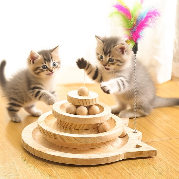 3 Layer Tower Interactive Cat Ball Track | Natural Bamboo Wood with 9 ...