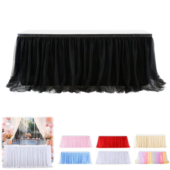 3-Layer Tulle Table Skirt with Gold Edge, 275cm Long Decorative Table ...