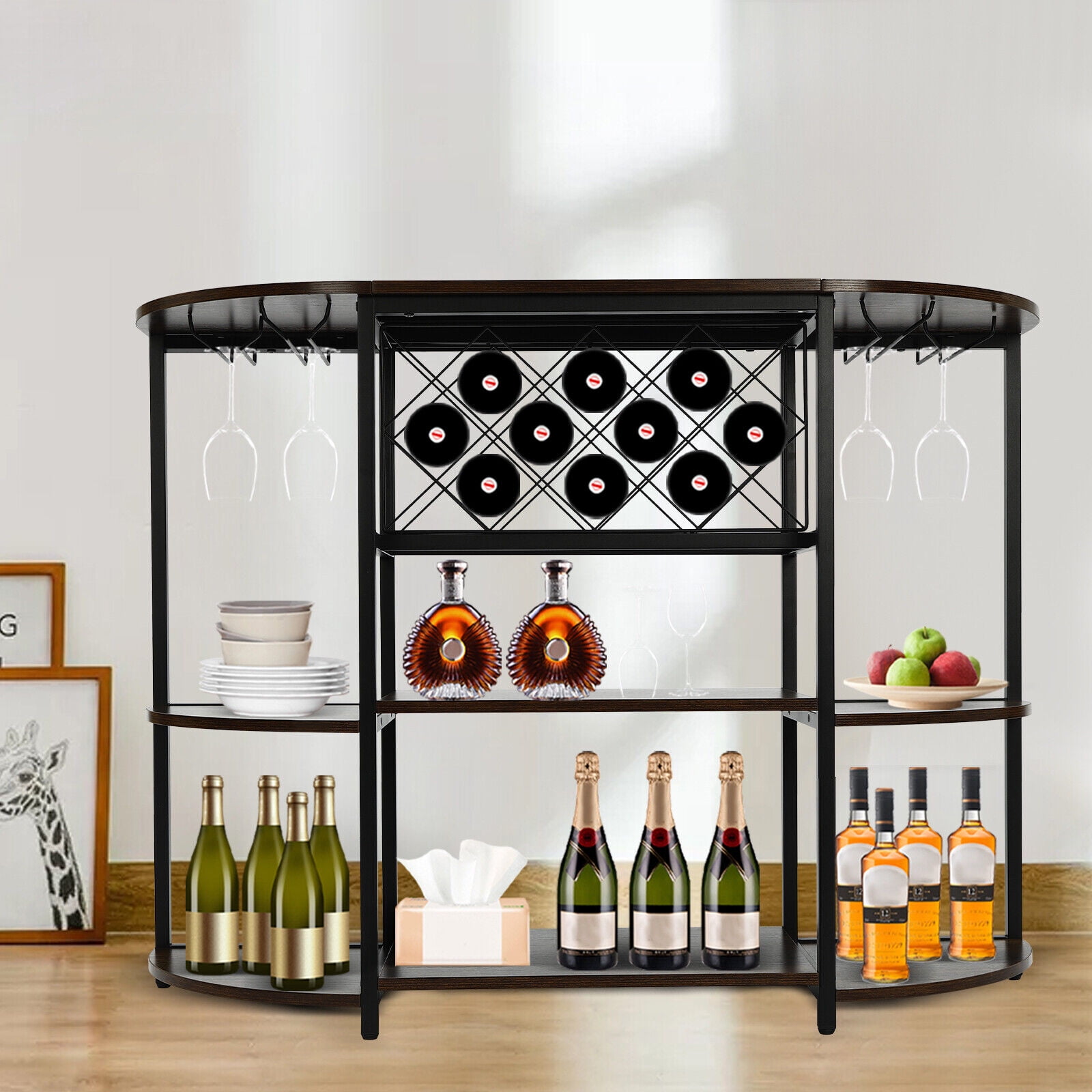 3-Layer Wine Rack Table Wine Bar Cabinet with Storage Freestanding ...