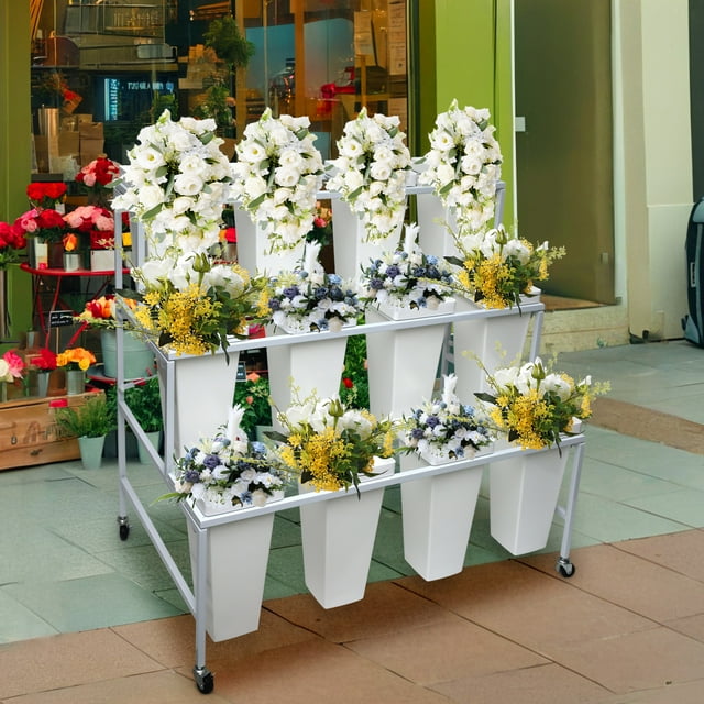 3 Layers 12PCS Buckets Flower Stand Display, Metal Flower Cart Display ...
