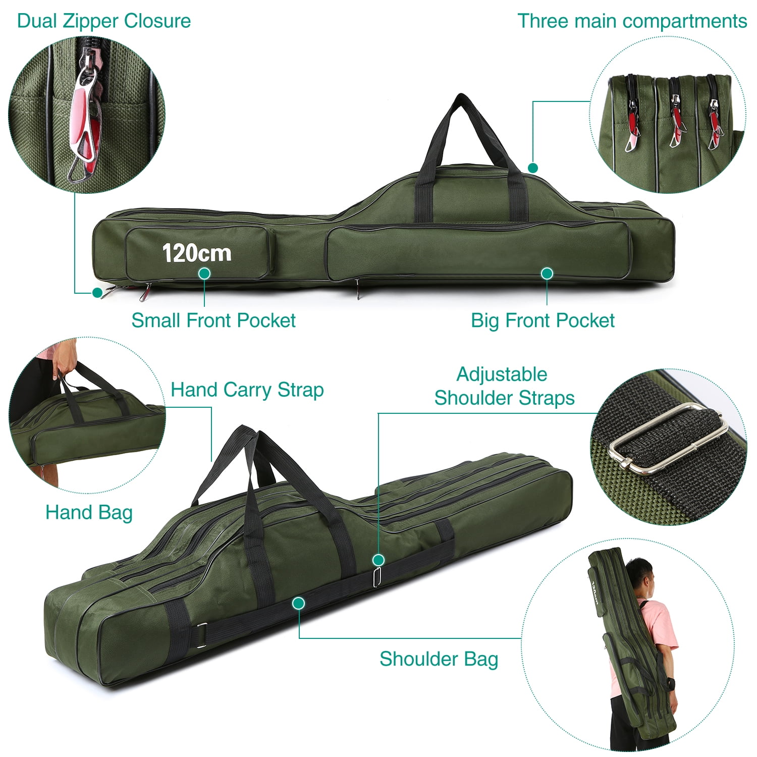 3 Layers Fishing Pole Bag Portable Folding Rod Carry Case Fishing Reel ...