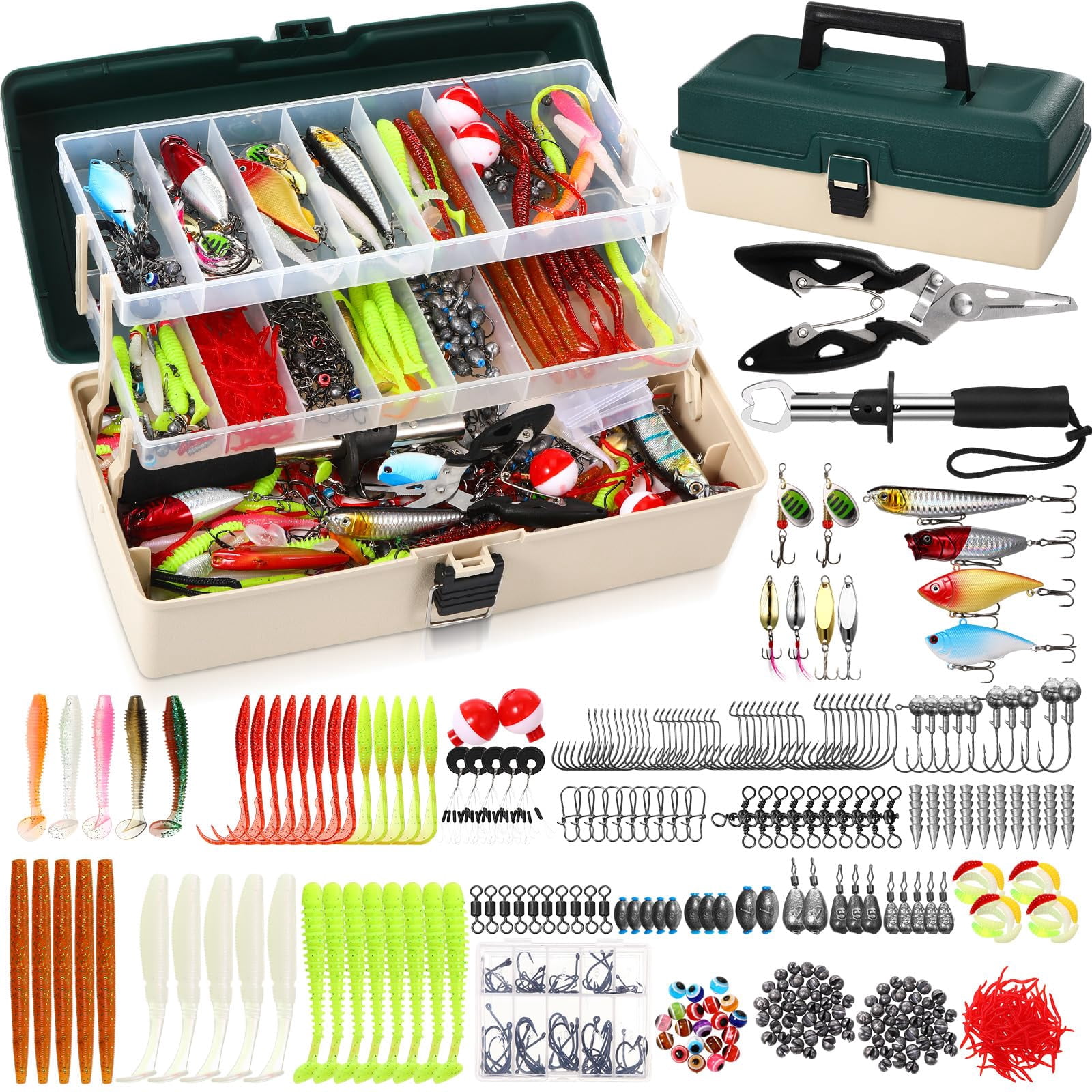 3 Layers Fishing Tackle Box with 517 Piece Lure Kit Dark Green Milky ...