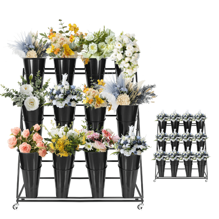 3 Layers Floral Display Stand with 12 Buckets, Open Tier, 360° Wheels ...
