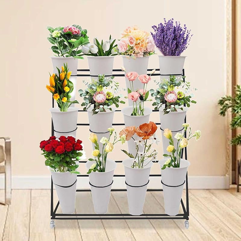 3 Layers Flower Cart Shelf Flower Display Stand with Buckets, Plant ...
