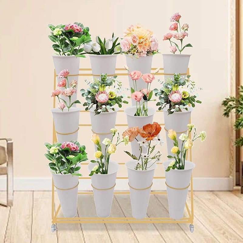 3 Layers Flower Cart Shelf Flower Display Stand with Buckets, Plant ...