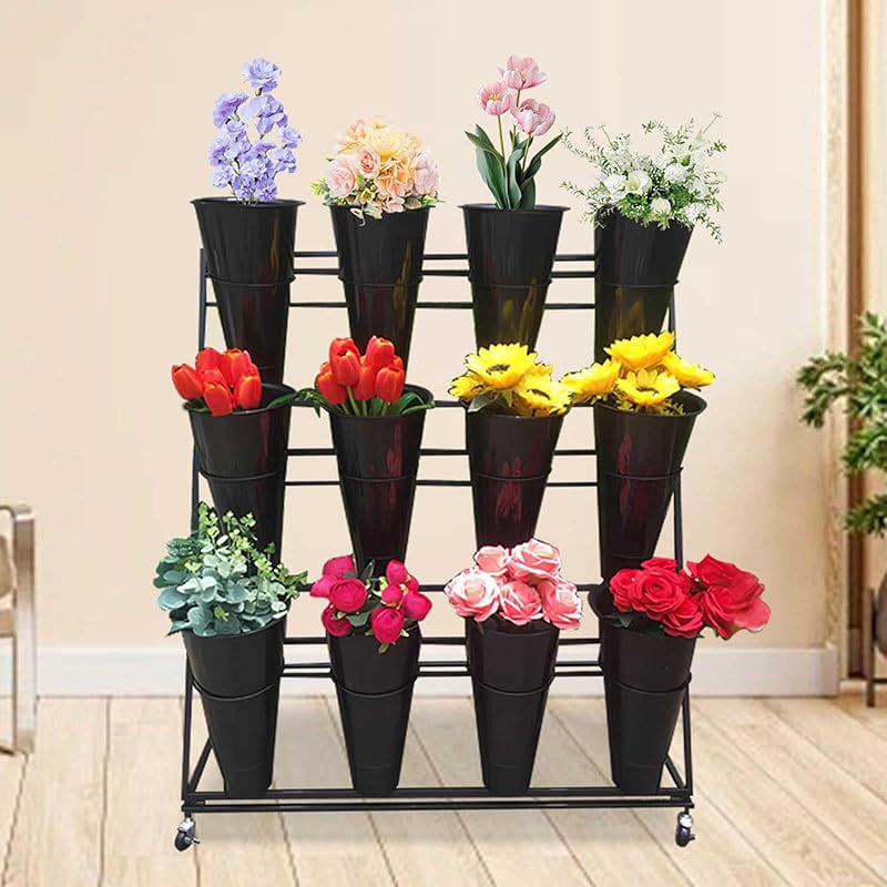 3 Layers Flower Cart Shelf Flower Display Stand with Buckets, Plant ...