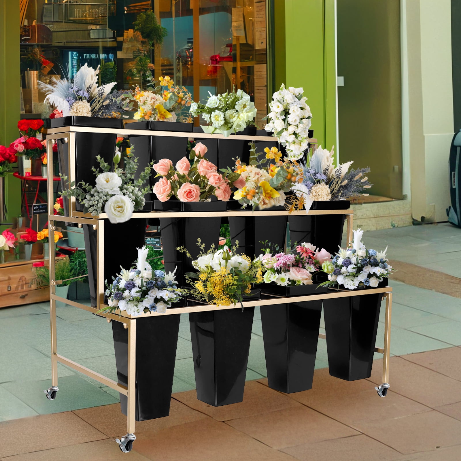 3 Layers Flower Display Shelf,Golden Metal Plant Stand with 12 Black ...