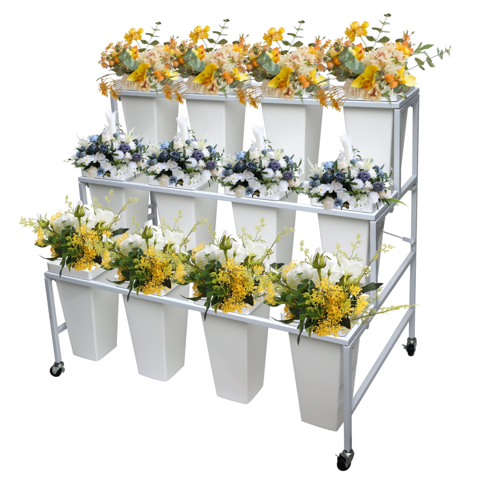 3 Layers Flower Display Shelf,Metal Plant Stand with 12 White Square ...