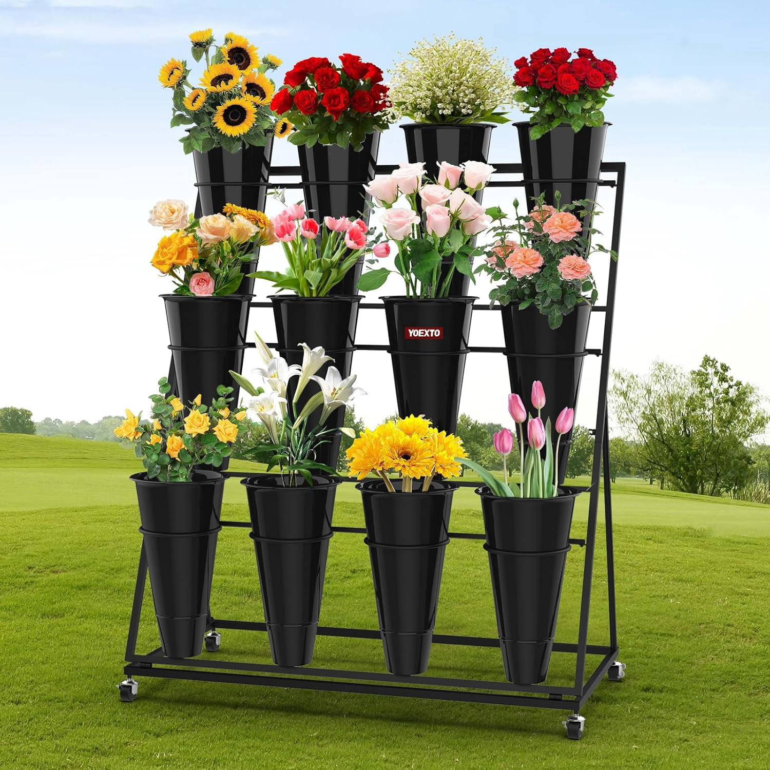 3-Layers Flower Display Stand with Buckets, 12 PCS Buckets Stand with ...