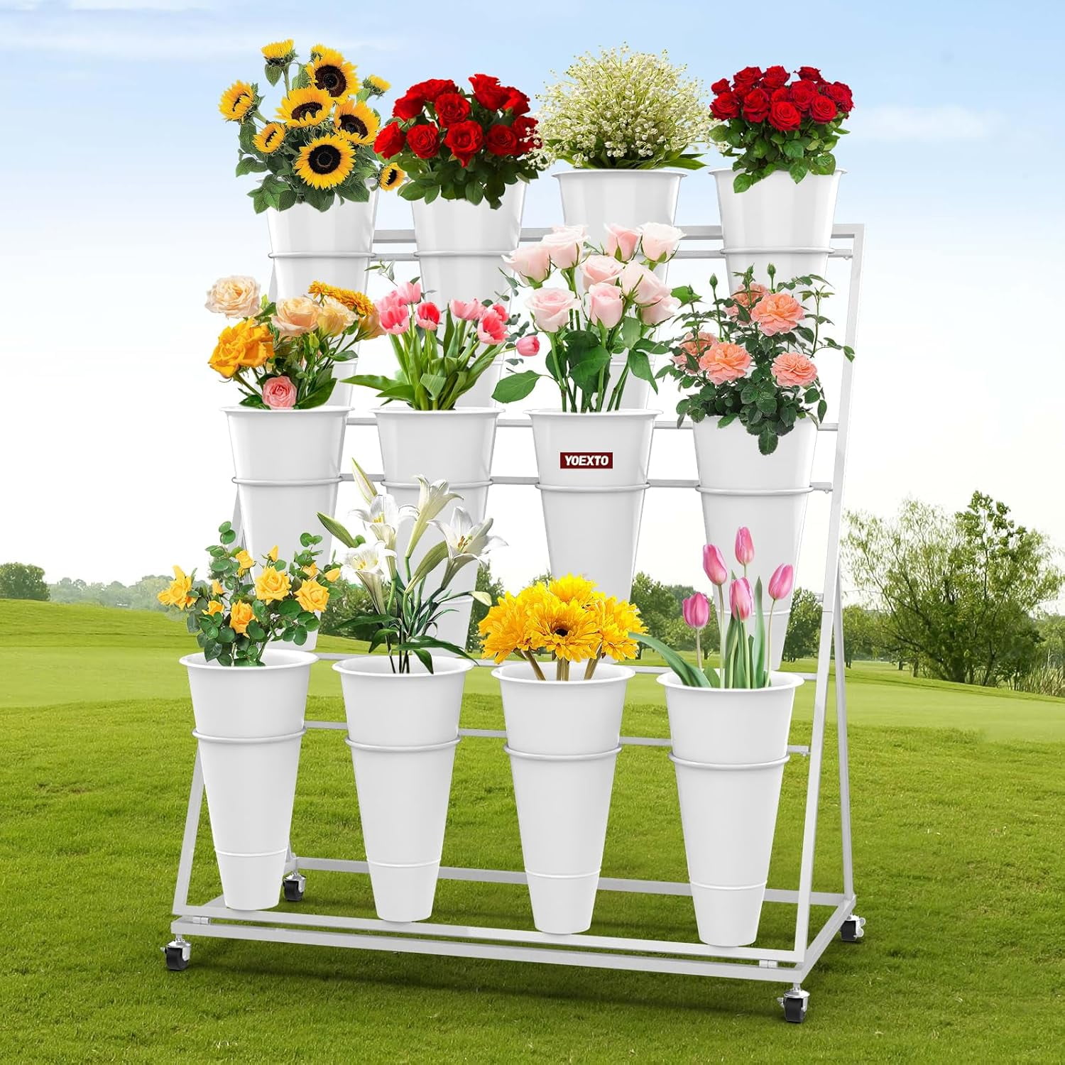 3-Layers Flower Display Stand with Buckets, 12 PCS Buckets Stand with ...