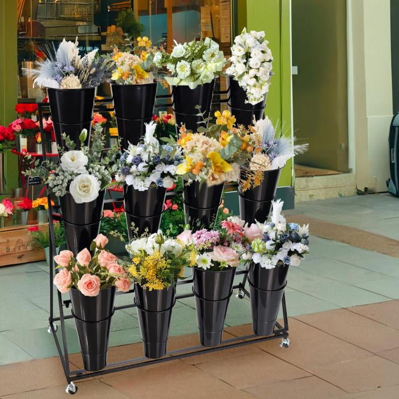 3 Layers Flower Display Stand with Buckets, Movable Metal Flower Bar ...