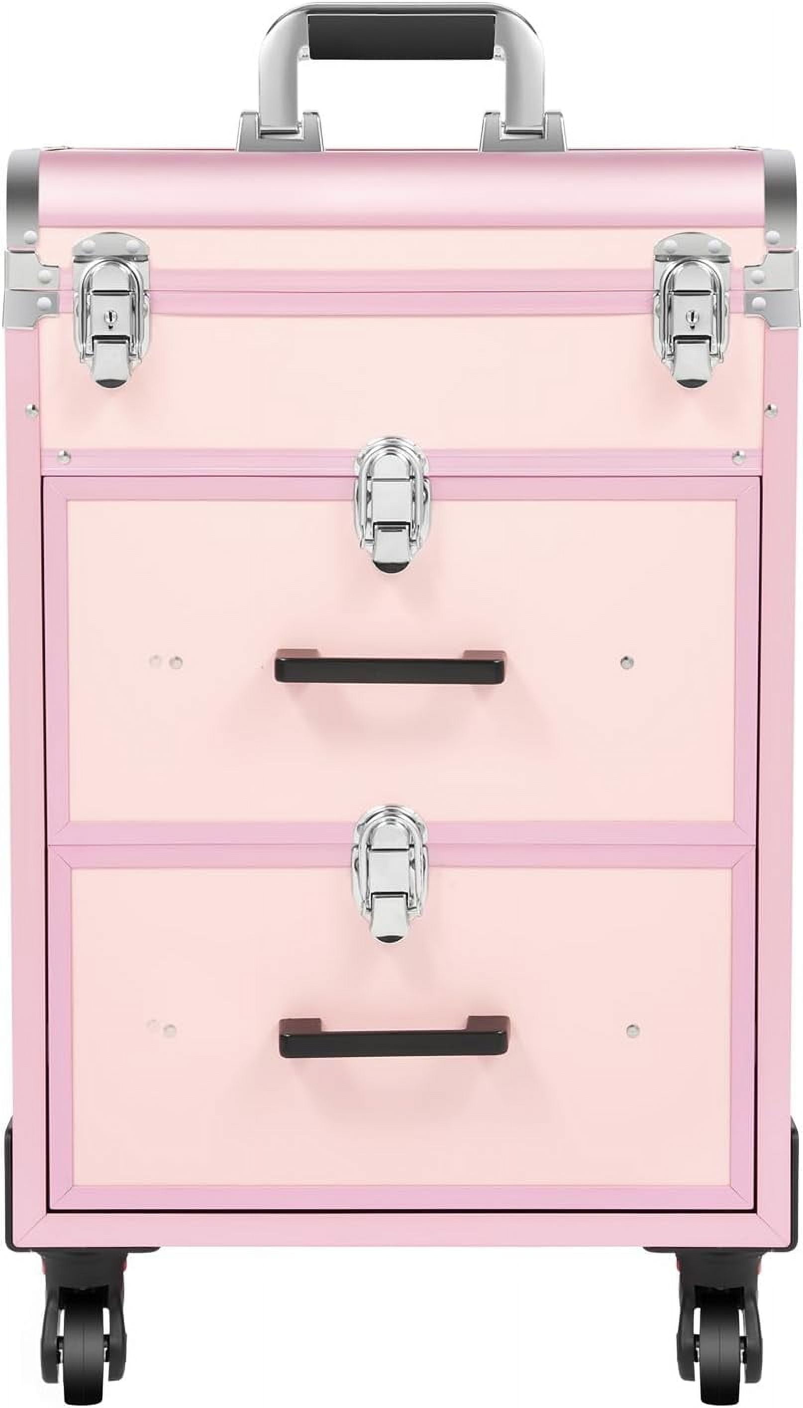 3 Layers Makeup Case Aluminum Makeup Rolling Train Case with Metal Locks and Retractable Handle ...