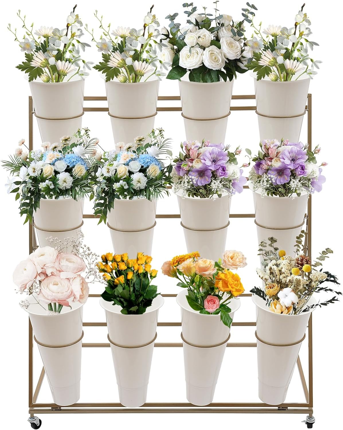 3 Layers Moving Stand w/Wheels, Metal Flower Display Stand Garden Cart ...