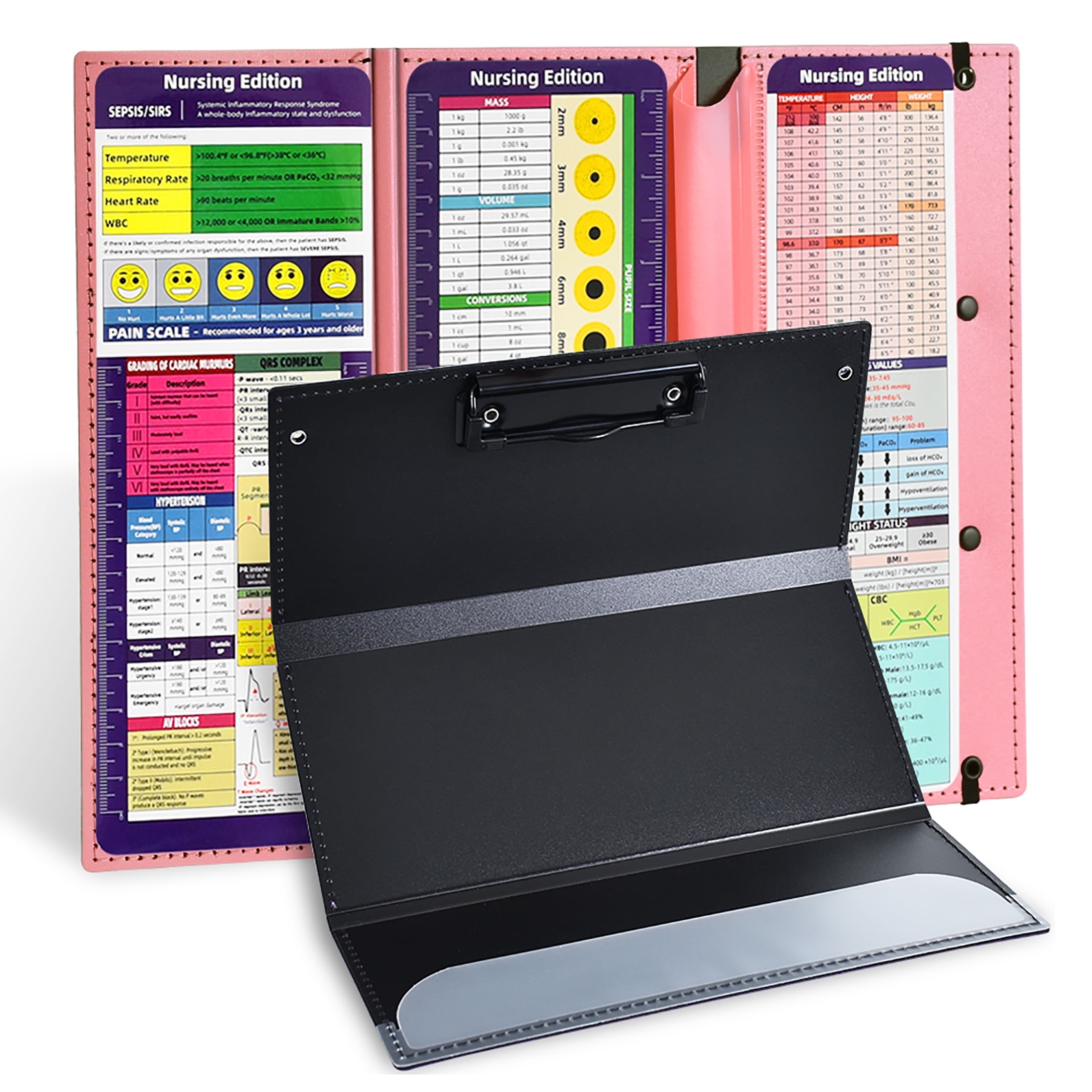 3 Layers Pink Foldable Nursing Clipboard with Cheat Sheets for Nurses ...